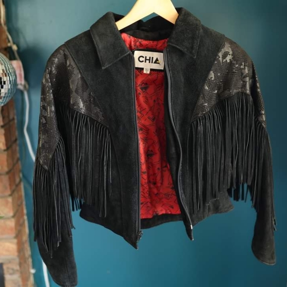 Chia | Jackets & Coats | Vintage Leather Chia Jacket With Fringe Snake Print Shoulder Detail ...